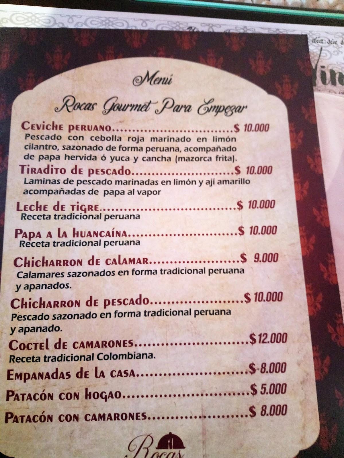 Carta del restaurante Rocas Gourmet, Bogotá