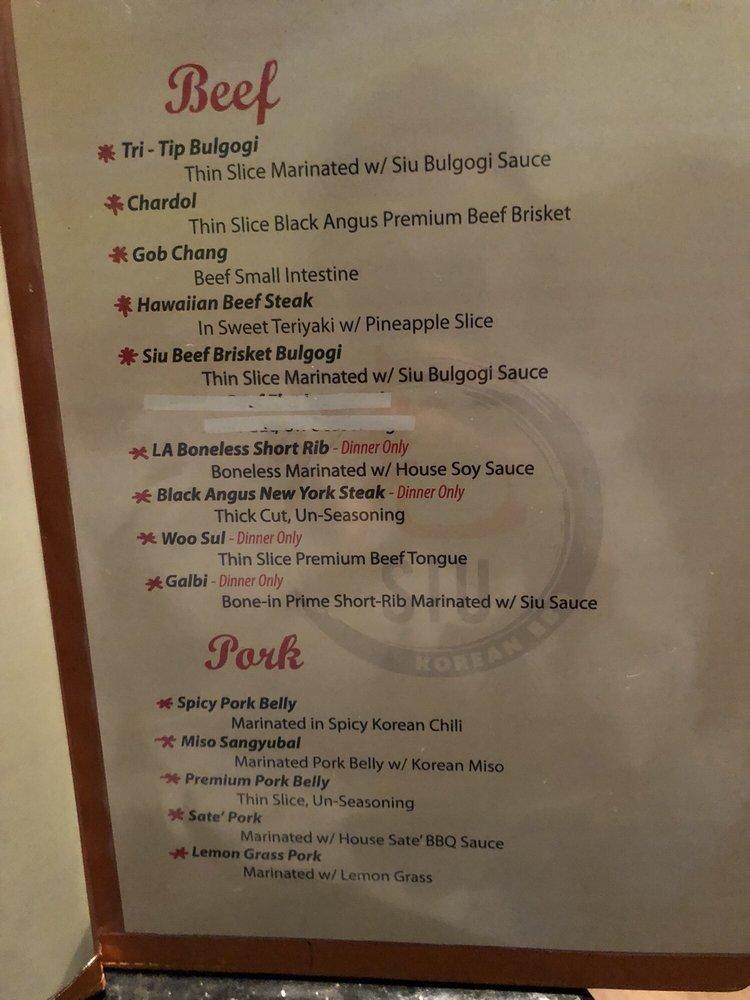 Menu at Siu Korean BBQ, Sparks