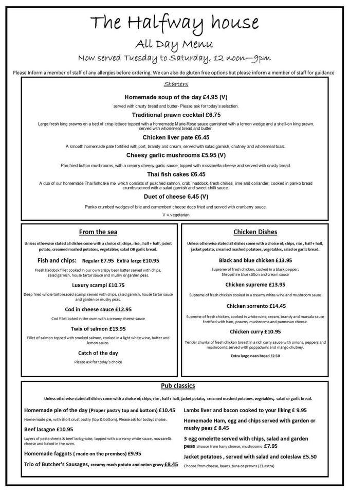 Menu at The Halfway House restaurant, Oakthorpe and Donisthorpe