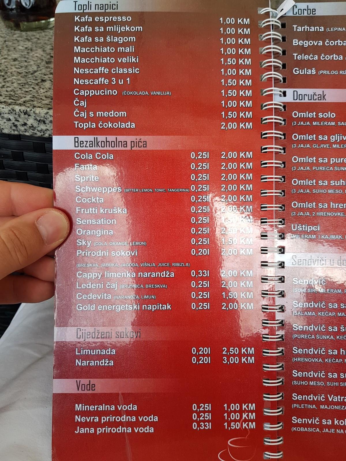 Menu at Vatra restaurant, Kiseljak