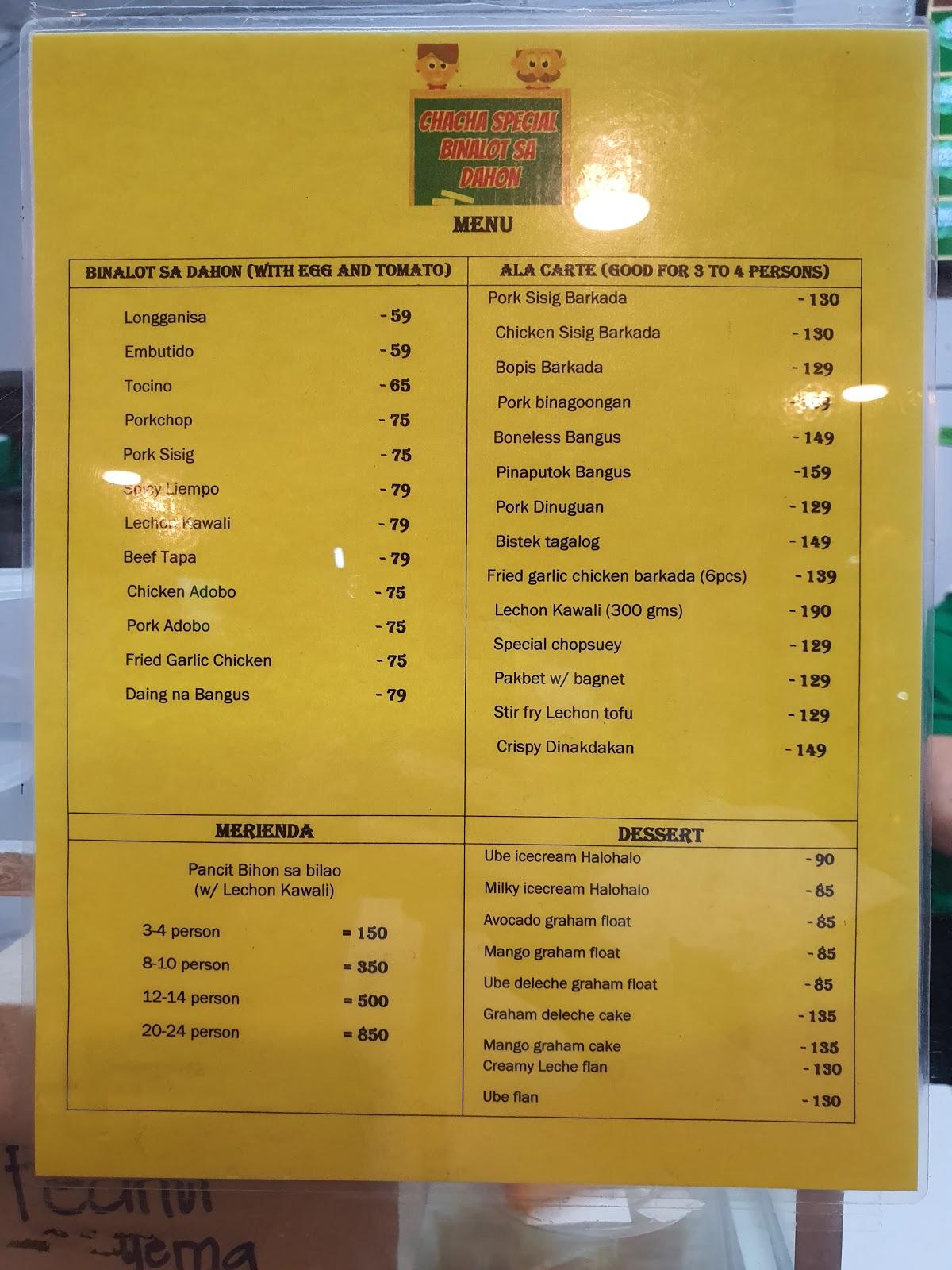 Menu at Chacha Special Binalot sa Dahon - Muntinlupa branch restaurant ...