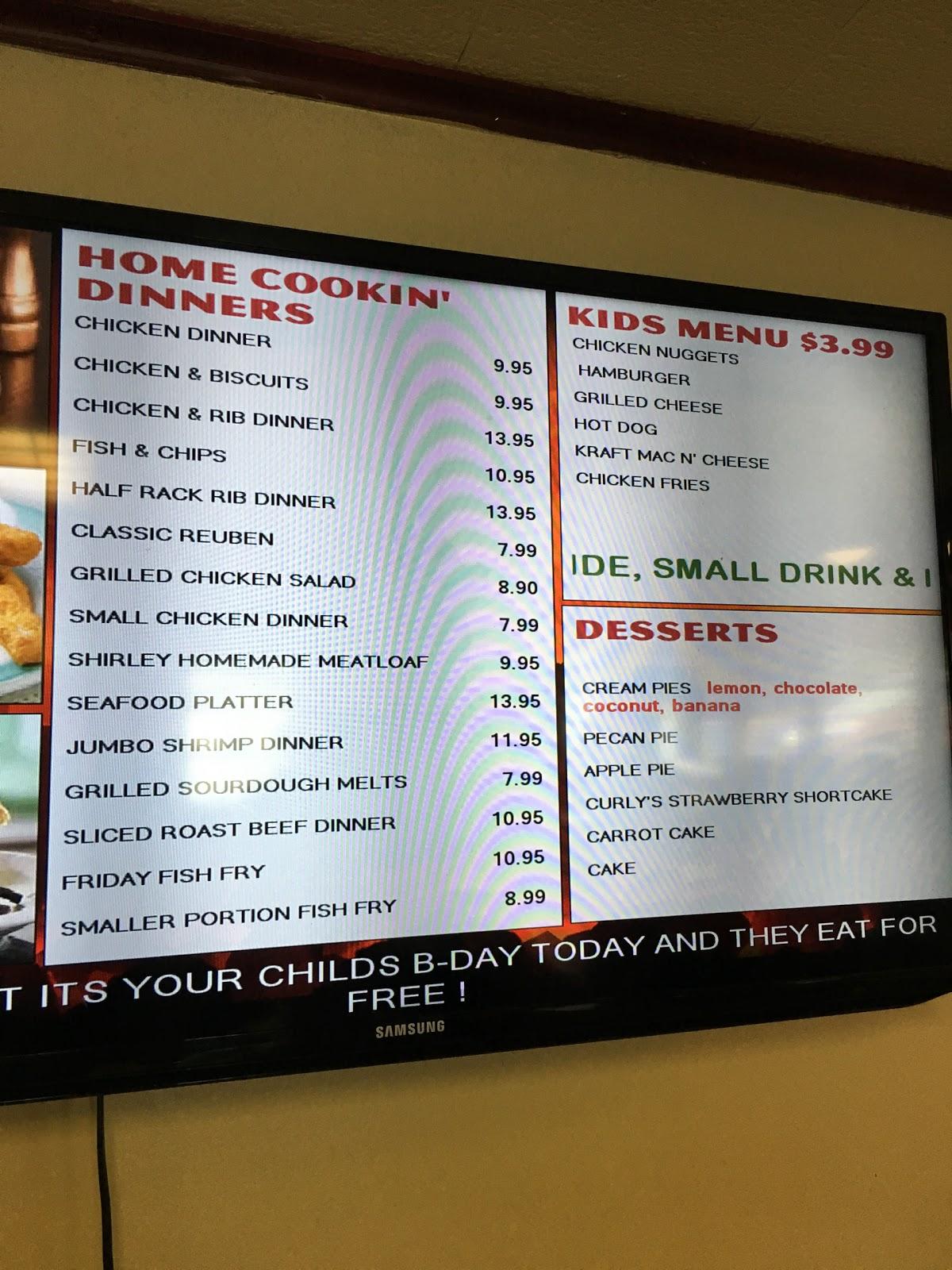 Menu at Curly's Chicken House restaurant, Elmira