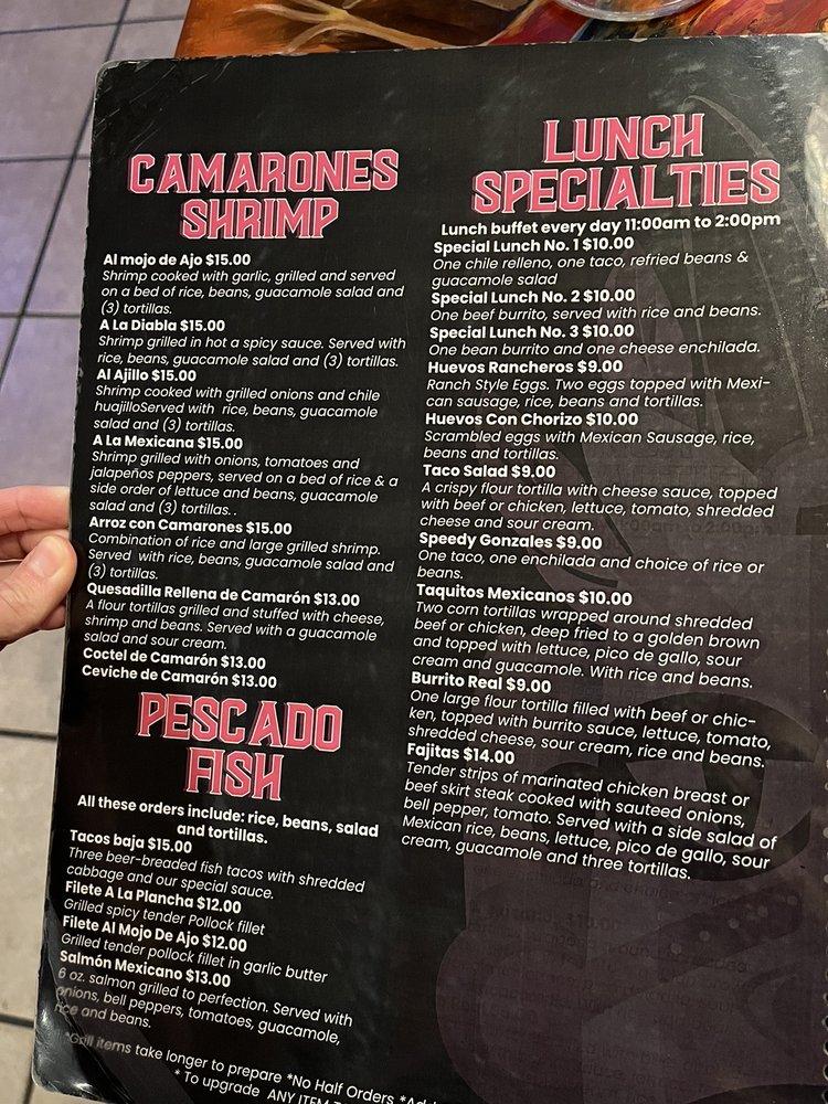 Menu at El Olmeca restaurant, Owens Cross Roads, US-431 S