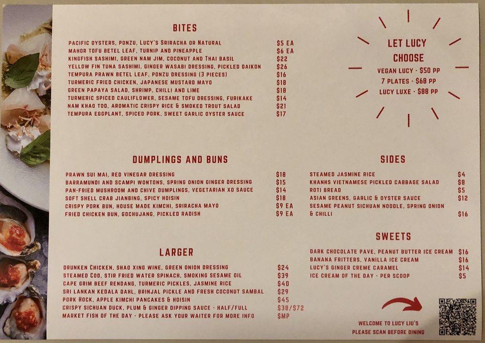 Menu at Lucy Liu Kitchen and Bar, Melbourne
