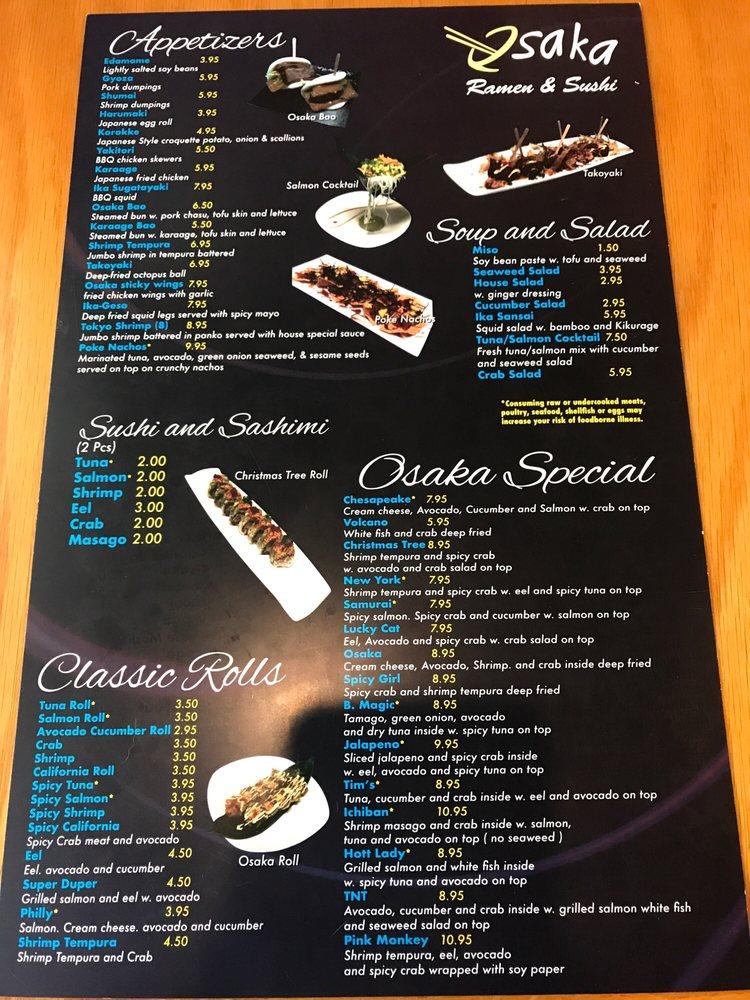 Menu at Osaka Ramen & Sushi restaurant, Norfolk, Monarch Way
