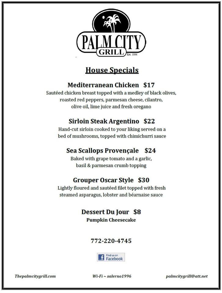Menu at Palm City Grill pub & bar, Palm City