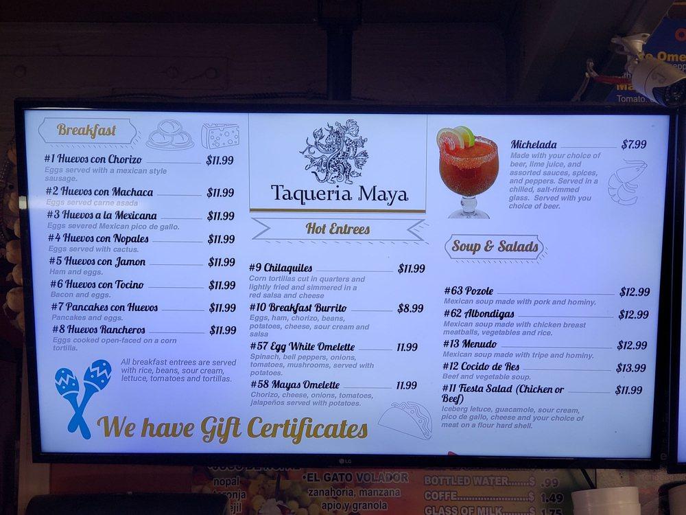 Menu at Taqueria Maya's restaurant, Sacramento, Broadway