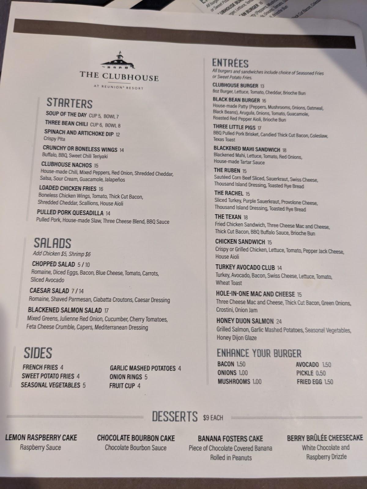 Menu at The Clubhouse, Poinciana