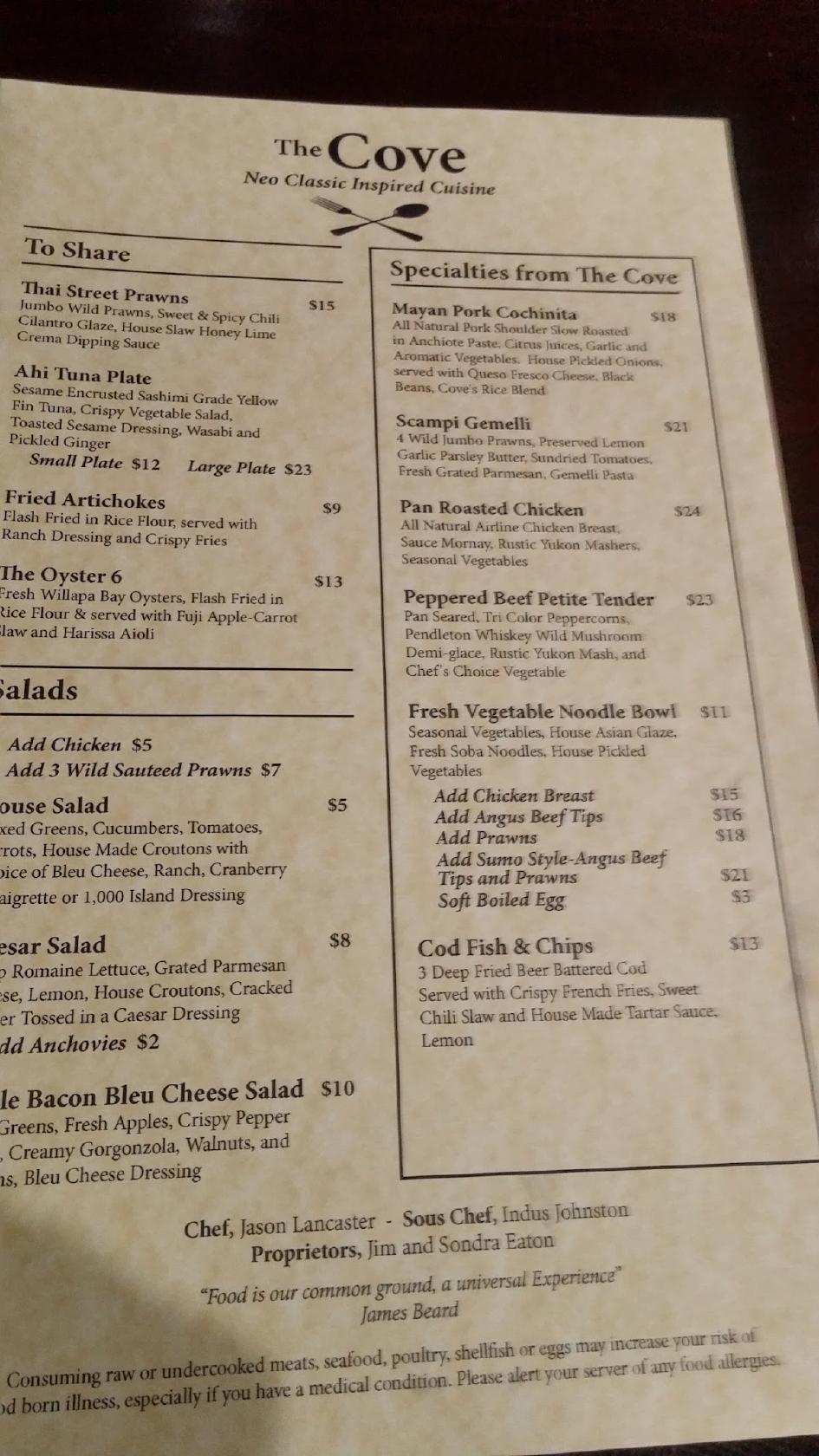 Menu at The Cove Restaurant, Long Beach