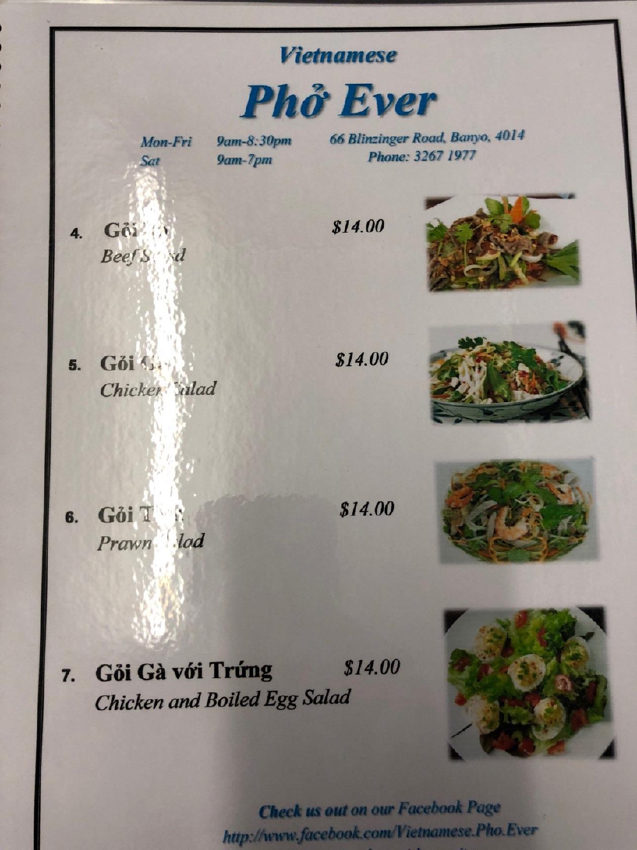 Menu at Vietnamese Pho Ever restaurant, Banyo