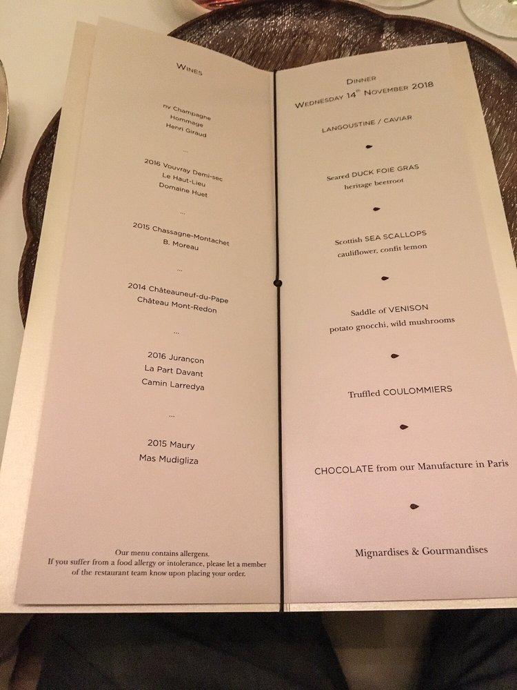 Menu at Alain Ducasse at The Dorchester restaurant, London, 53 Park Ln