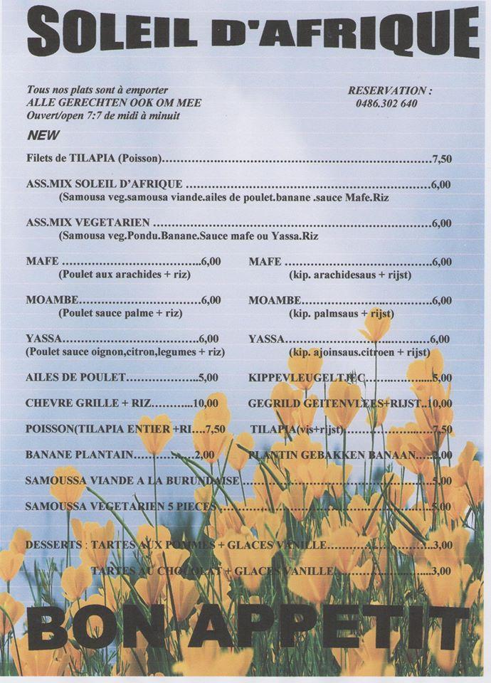 Menu at Au Soleil d'Afrique, Ixelles