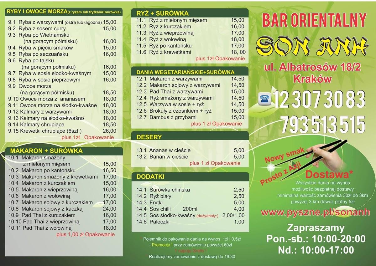 Menu at Bar Orientalny Son Anh, Kraków, Albatrosów 18/02
