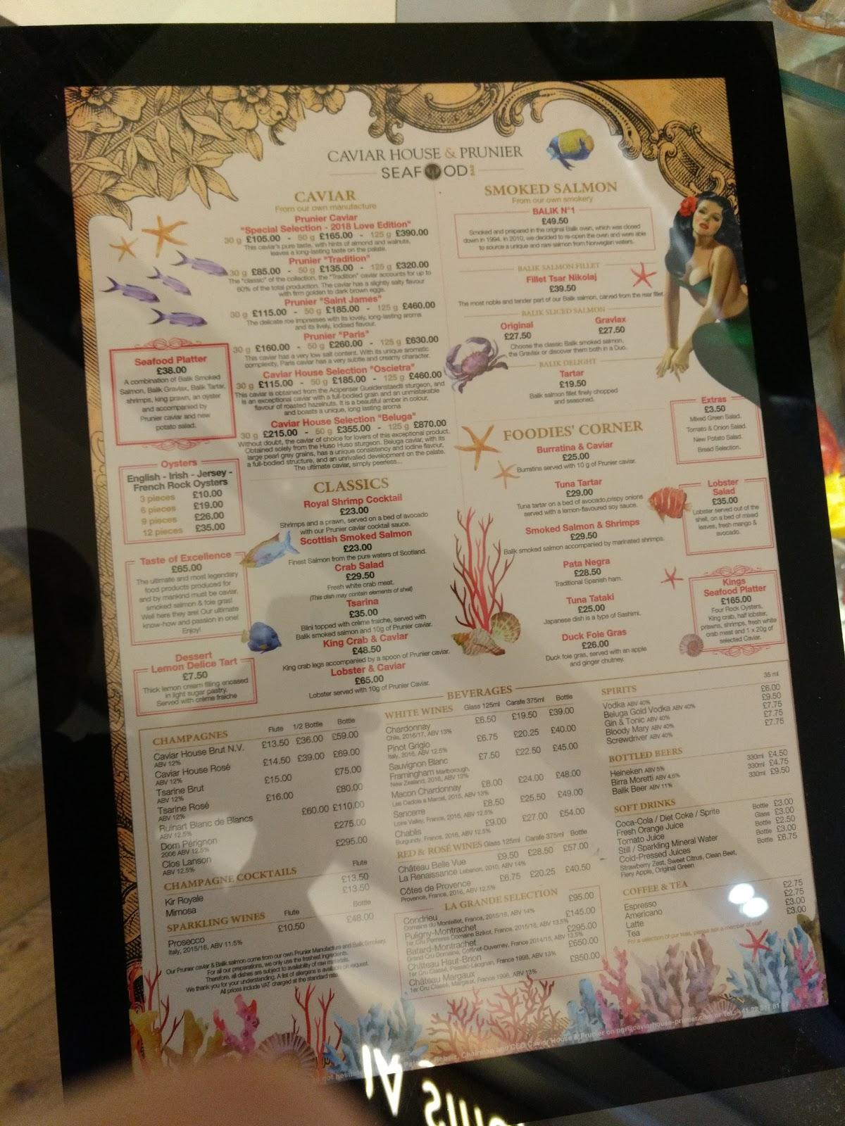 Menu at Caviar House & Prunier Seafood Bar, Harmondsworth, Heathrow Airport
