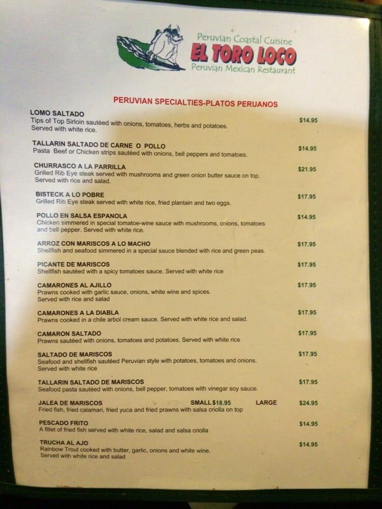 Carta del restaurante El Toro Loco, Pacifica, Francisco Blvd