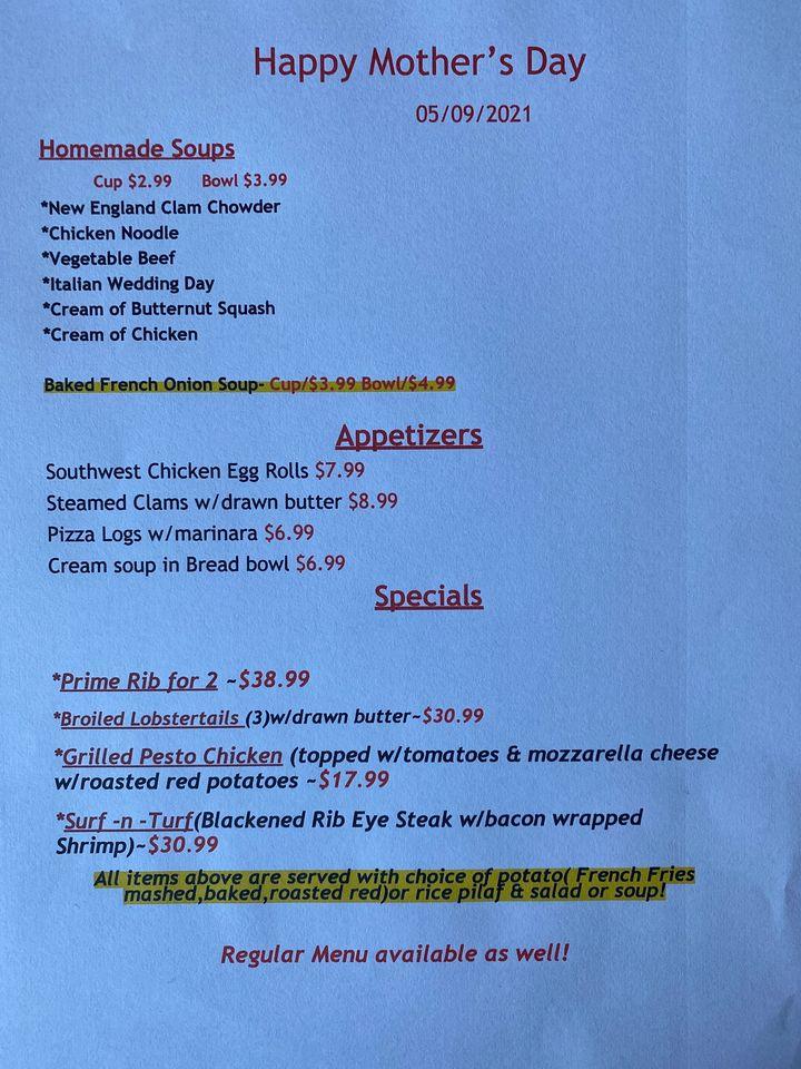 Menu at Fall's Diner restaurant, Hoosick Falls