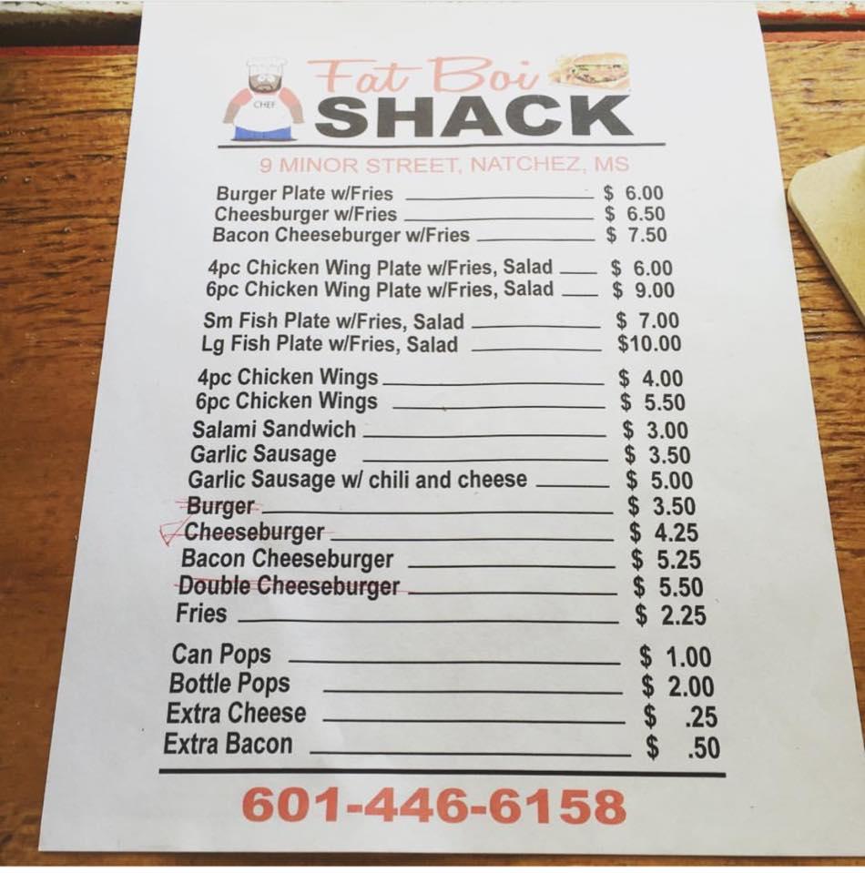 Carta del restaurante Fat Boi Shack, Natchez