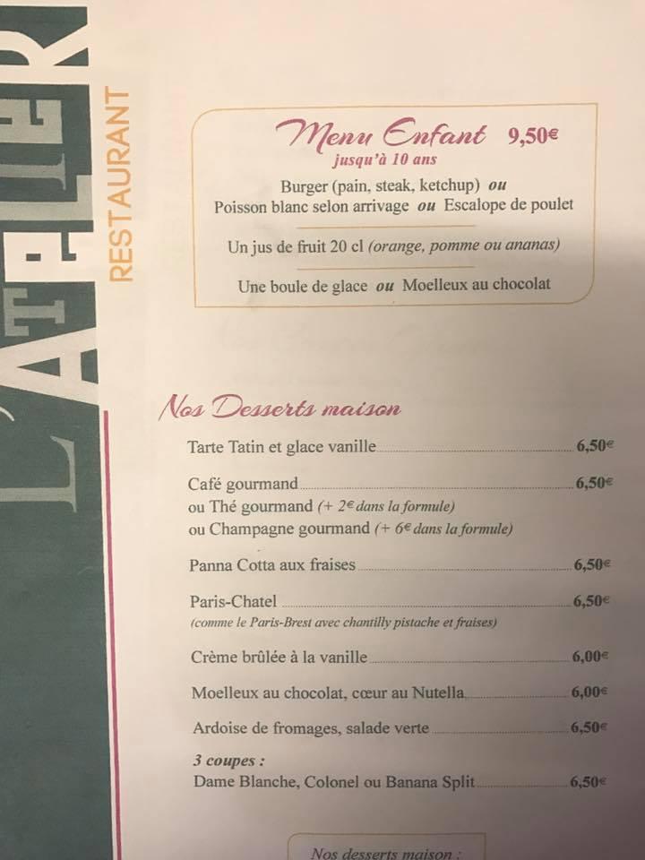 Menu au L'atelier restaurant, Châtelaillon-Plage