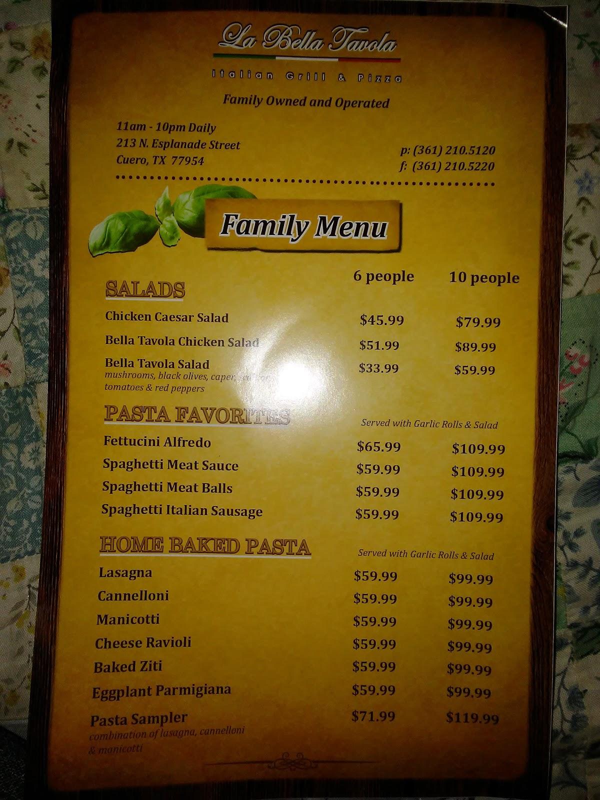 Menu at La Bella Tavola restaurant, Cuero