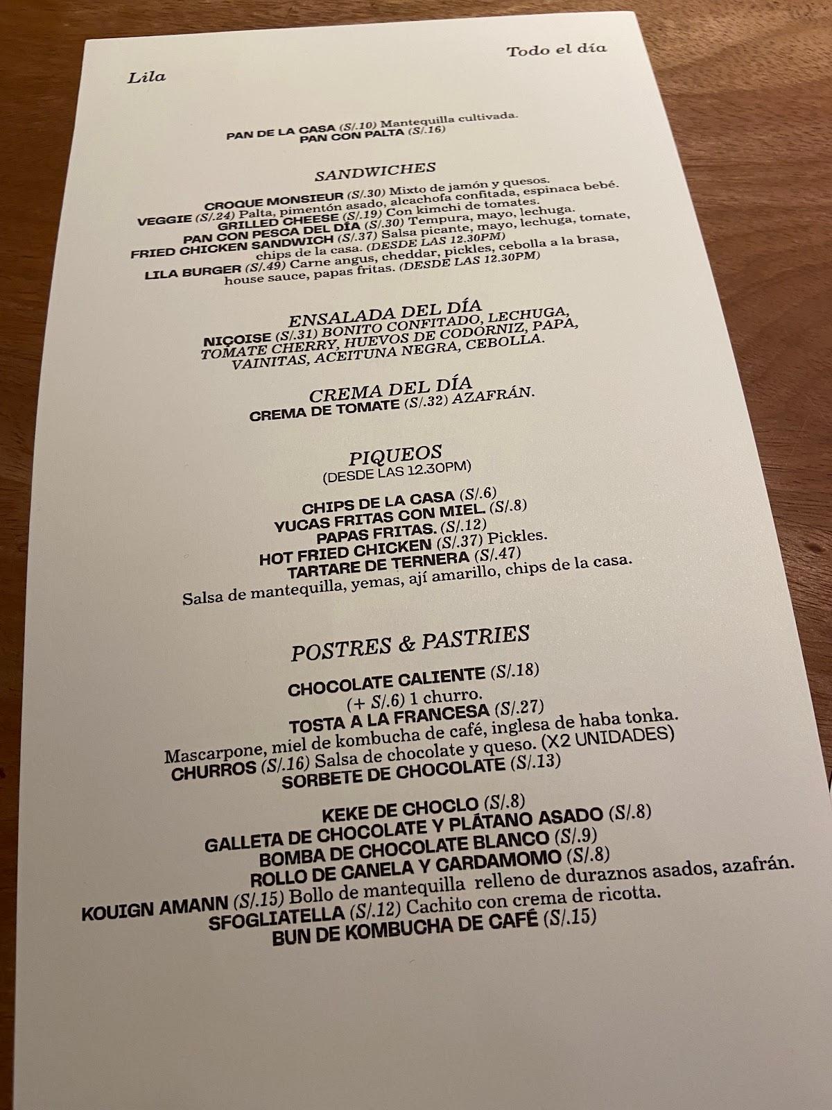 Menu at Lila Dasso restaurant, Lima