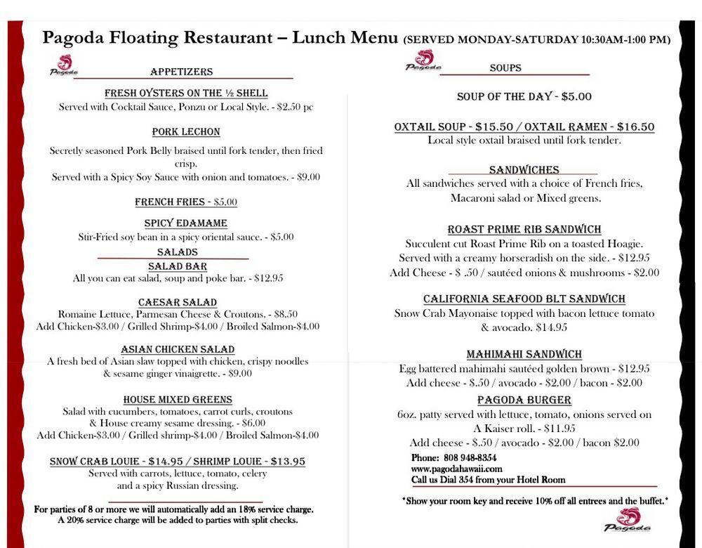 Menu at Pagoda Restaurant & Catering, Honolulu