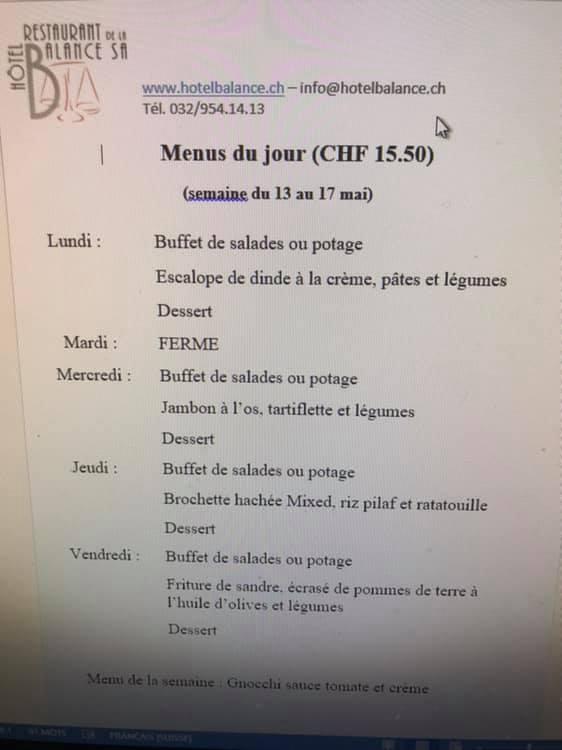 Menu at Restaurant de la Balance, Les Breuleux