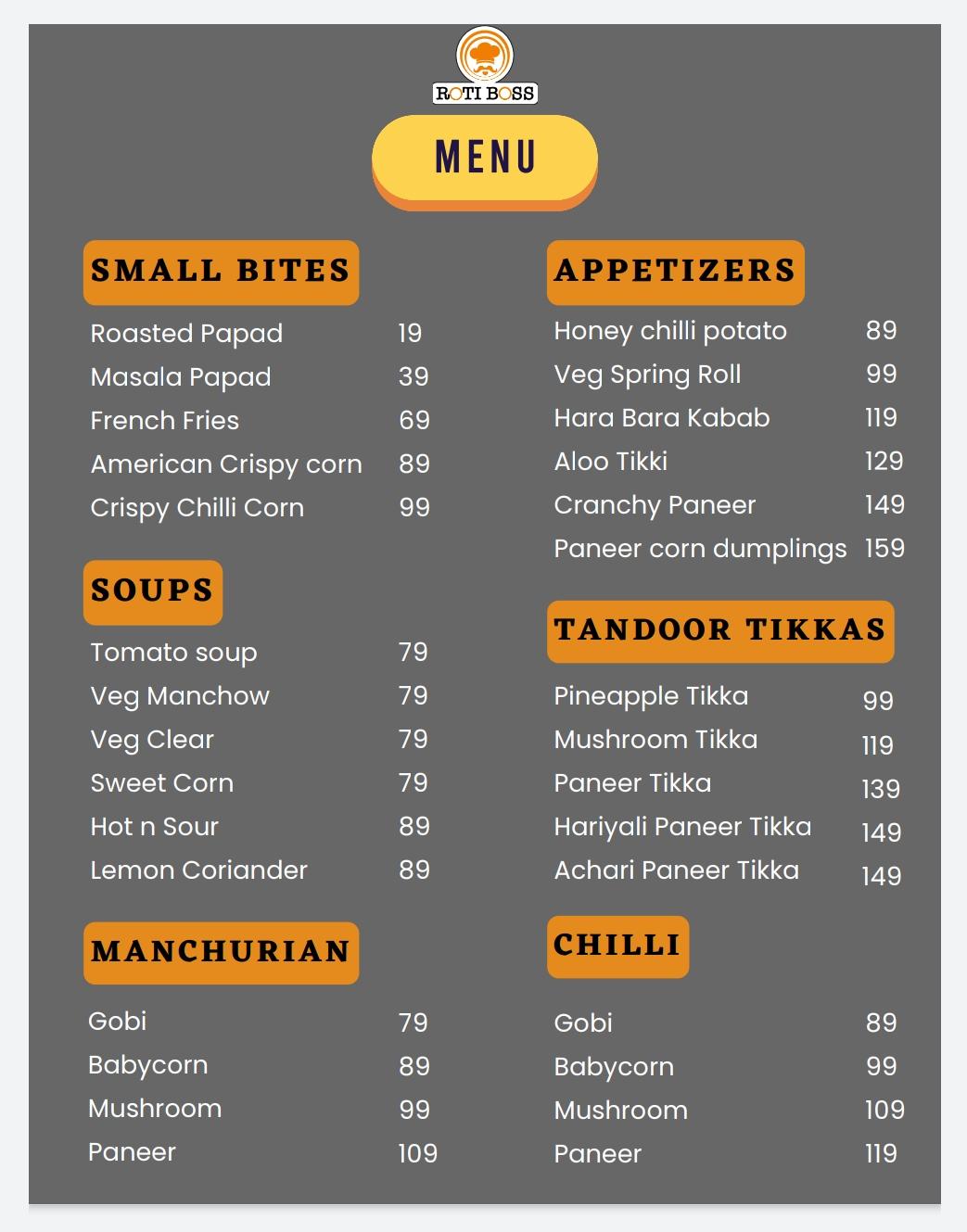 Menu at Roti Boss, Bengaluru