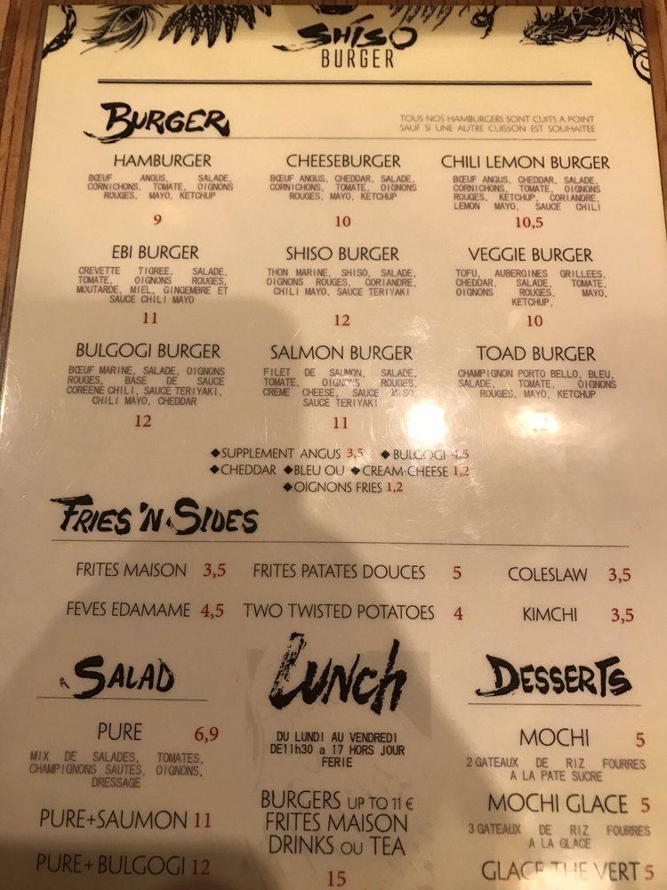 Menu at Shiso Burger Saint Michel restaurant, Paris, 21 Quai Saint-Michel
