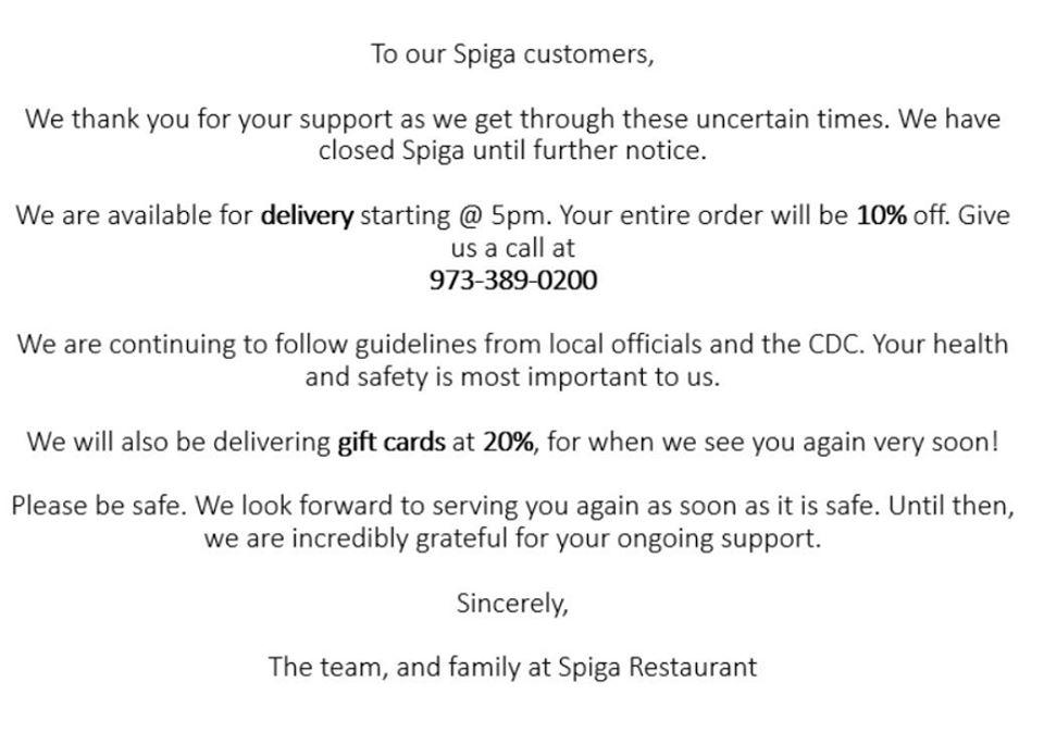 Menu at Spiga restaurant, Totowa