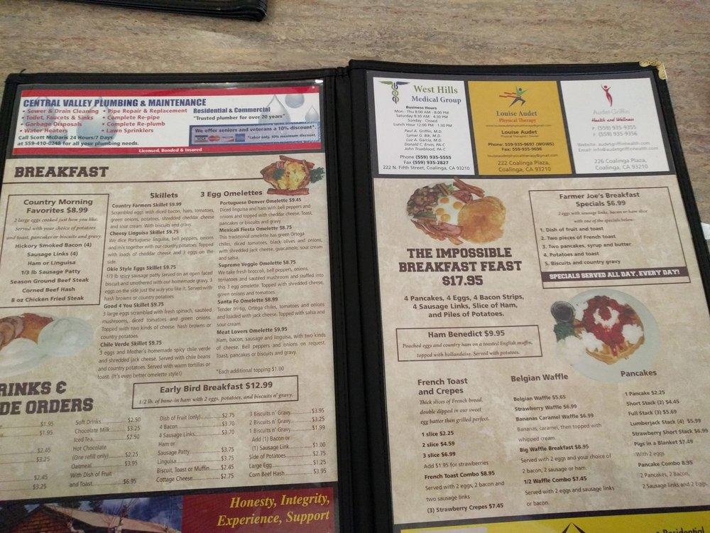 Menu at Cafe 101, Coalinga