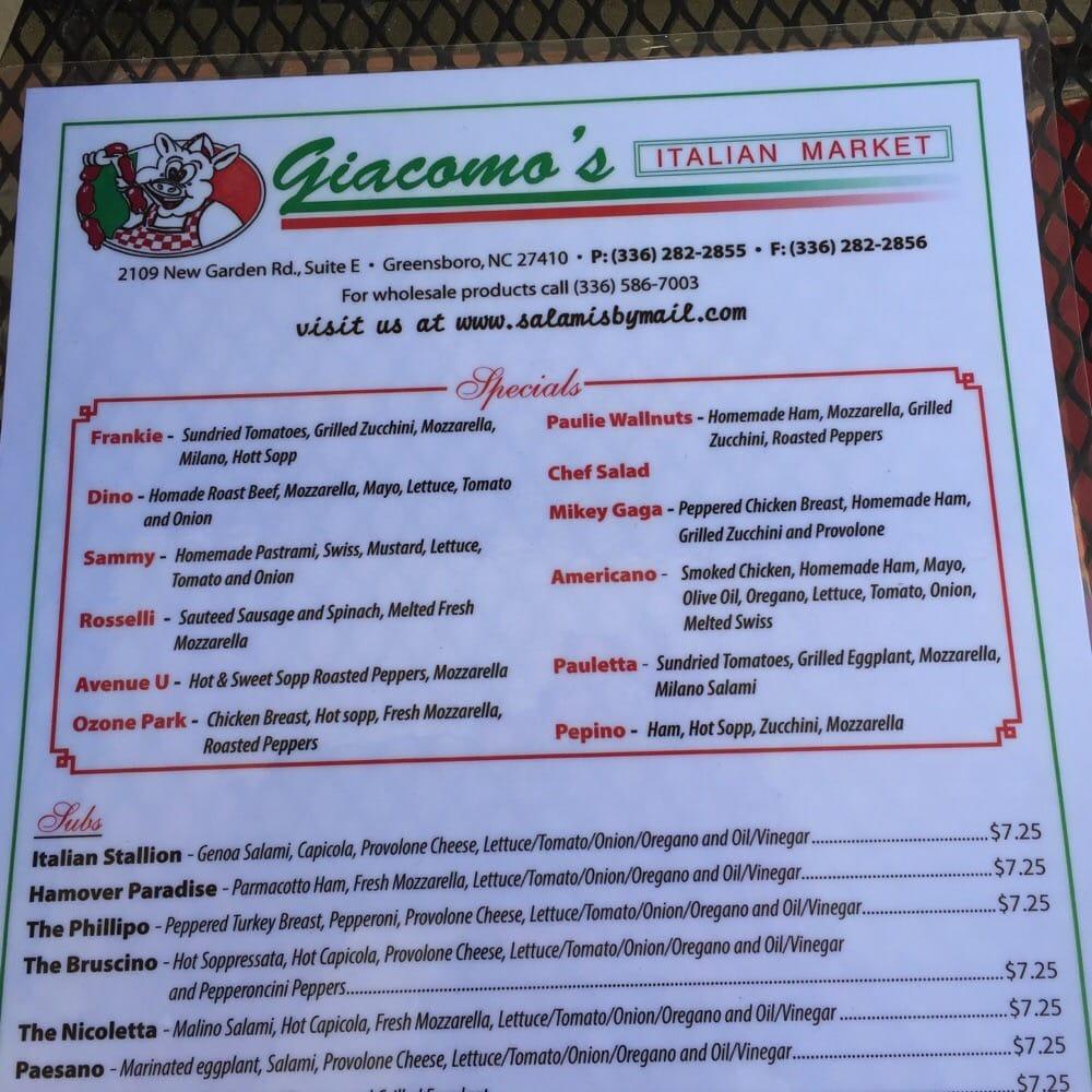 Menu at Giacomo's Italian Market restaurant, Greensboro