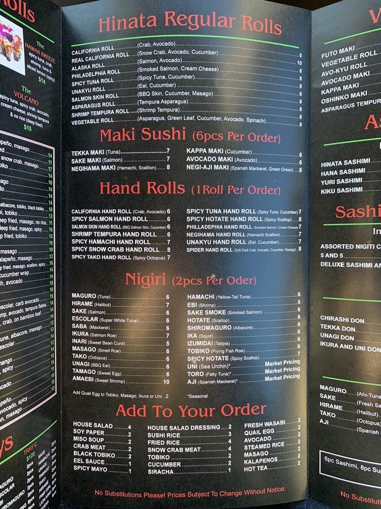 Menu at Hinata Japanese Steakhouse, Sushi & Bar, Fairfield