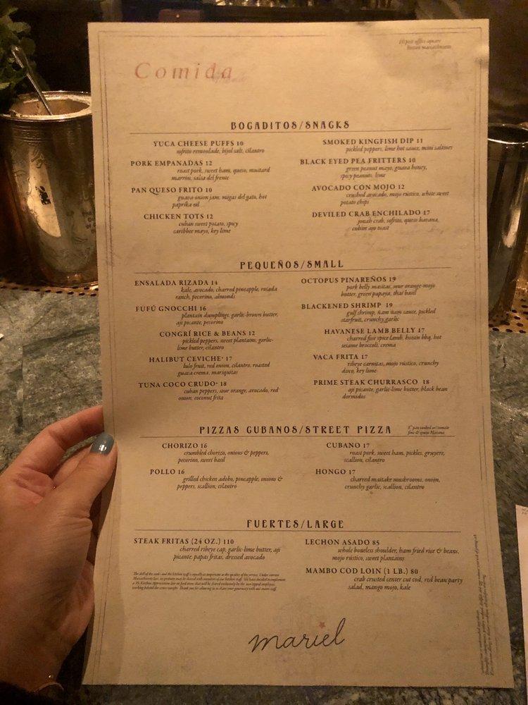 Menu at Mariel restaurant, Boston
