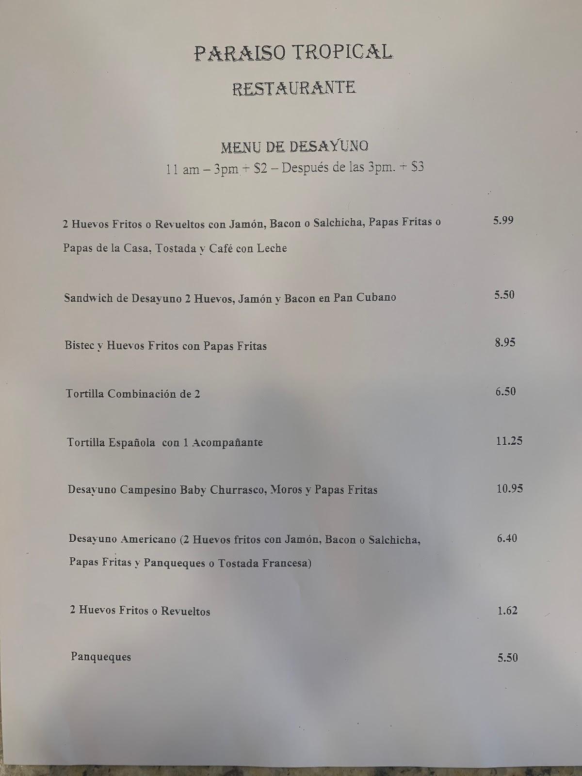 Menu at Paraiso Tropical restaurant, Hialeah, 445 Palm Ave
