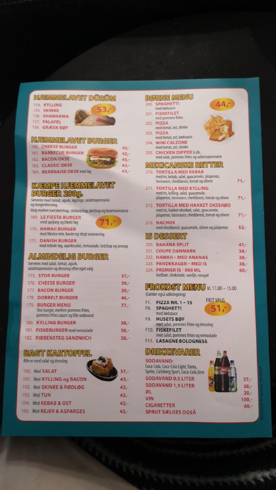 Menu at Restaurant Le Fiesta Cafe og Pizzeria, Roskilde