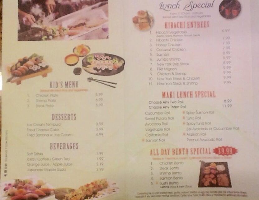 Carta del restaurante Sumo, Steubenville