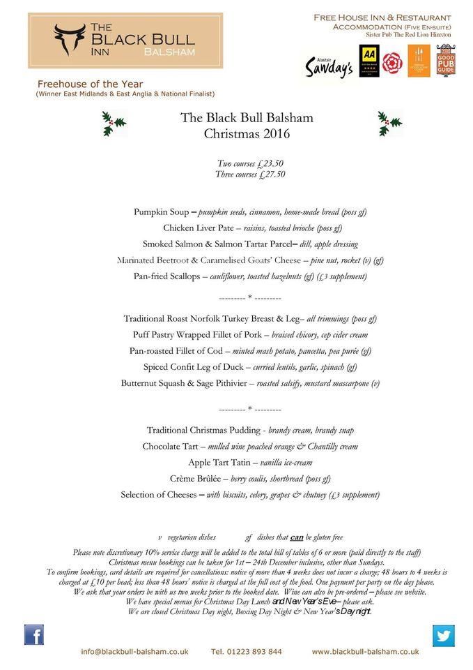 Carta del pub y bar The Black Bull Inn, Balsham