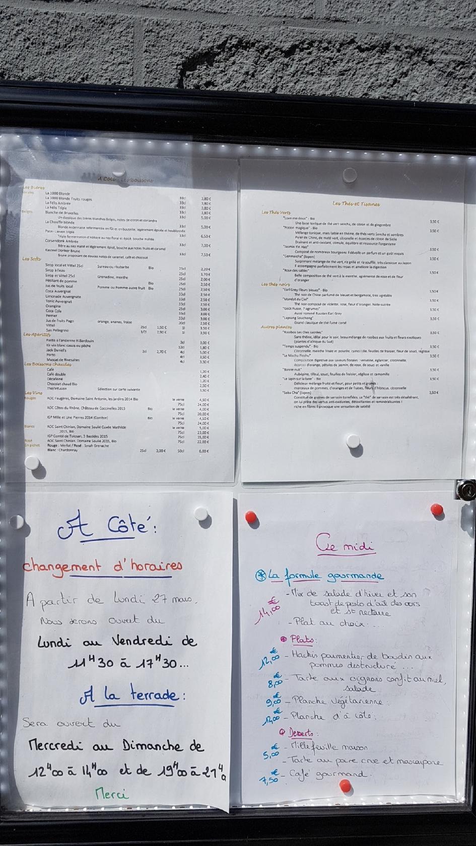 Menu at À Côté cafe, Aubusson