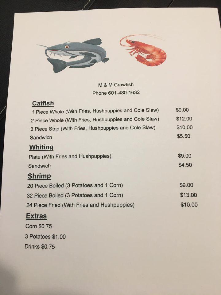 Menu at M & M Crawfish restaurant, Quitman