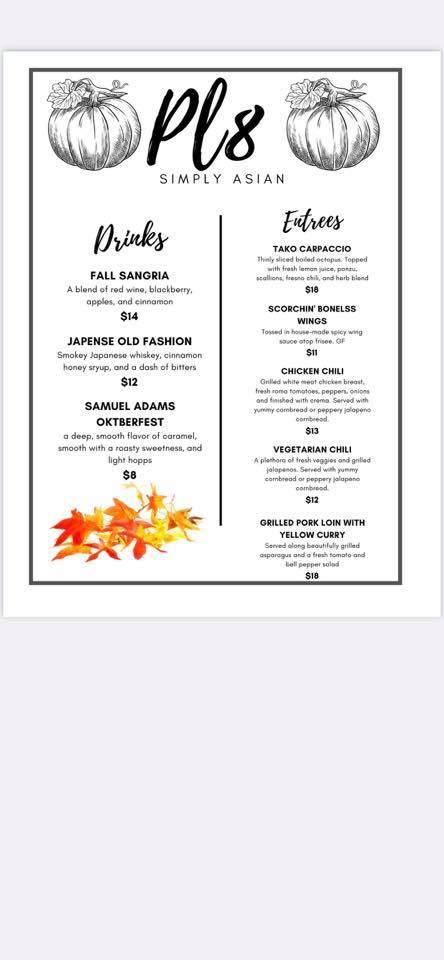 Menu at PL8 Restaurant, Barrington