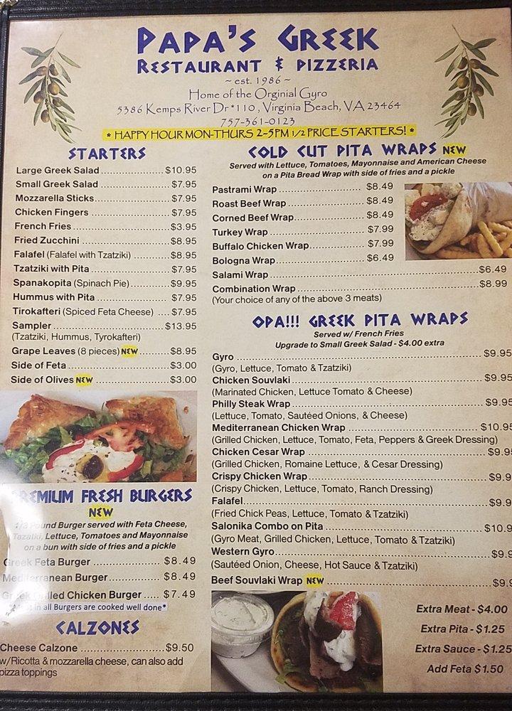 Menu at Papa's Greek family restaurant, Papas pizza, Virginia Beach
