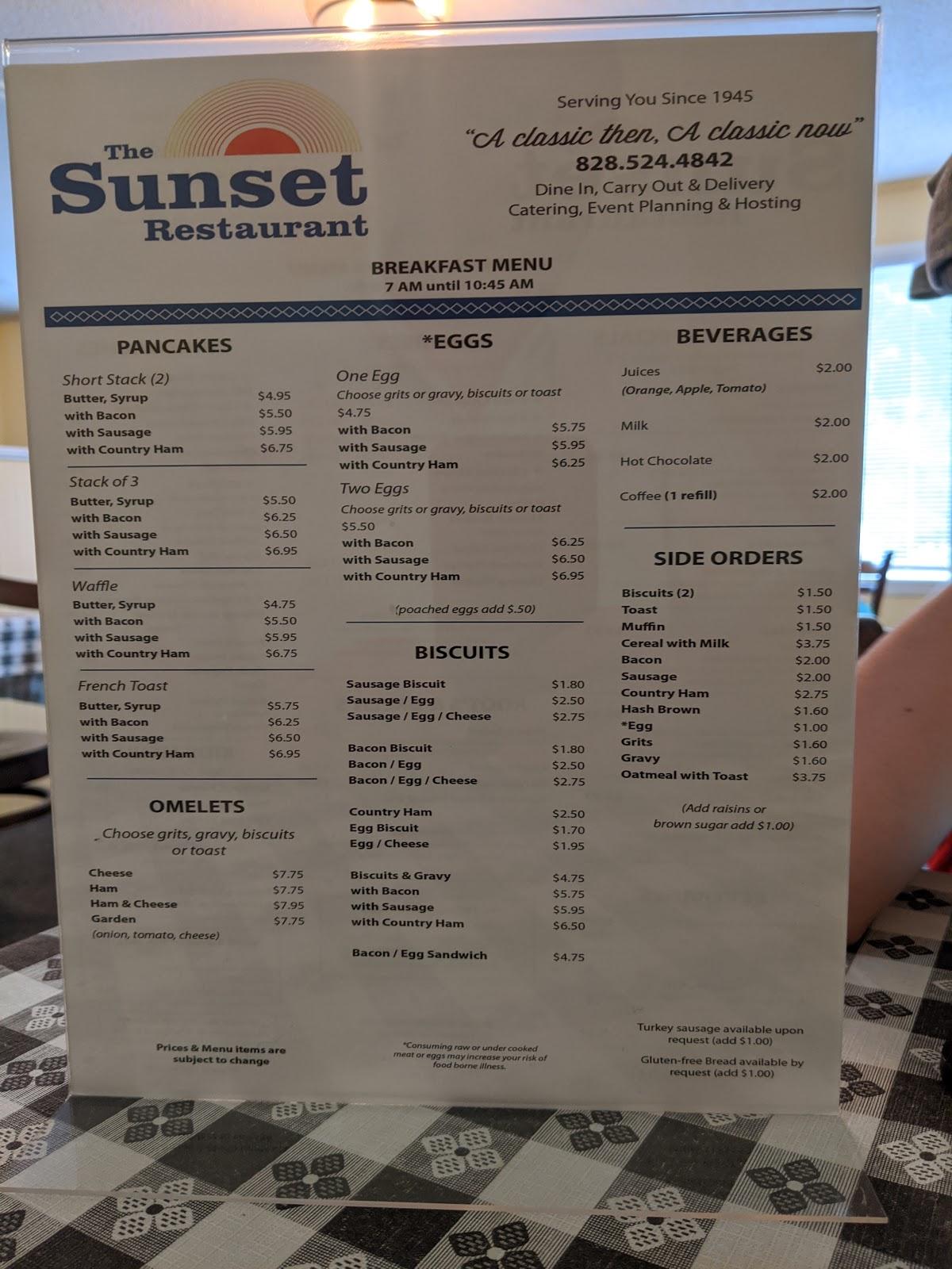 Menu at Sunset Restaurant, Franklin