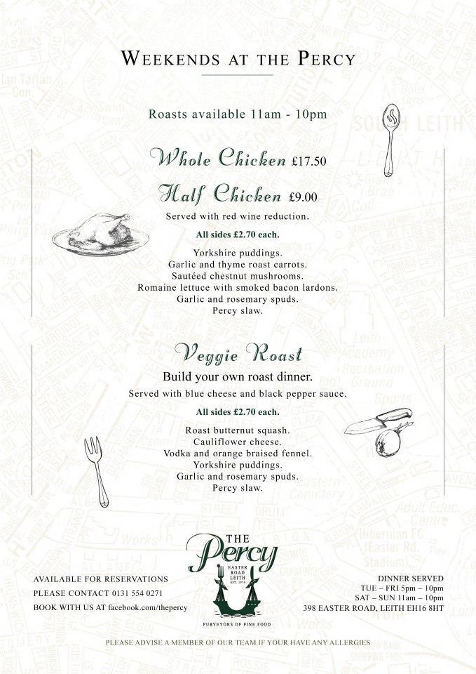Menu at The Percy restaurant, Edinburgh