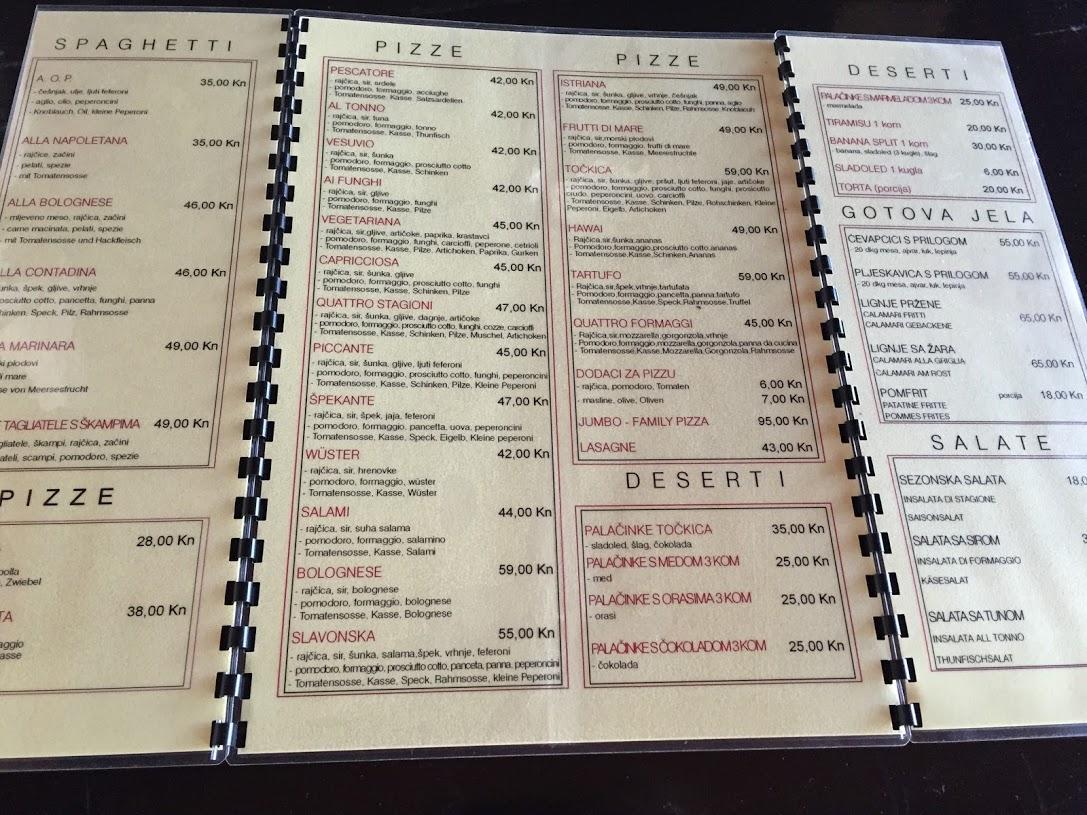 Menu at Točkica pizzeria, Novigrad