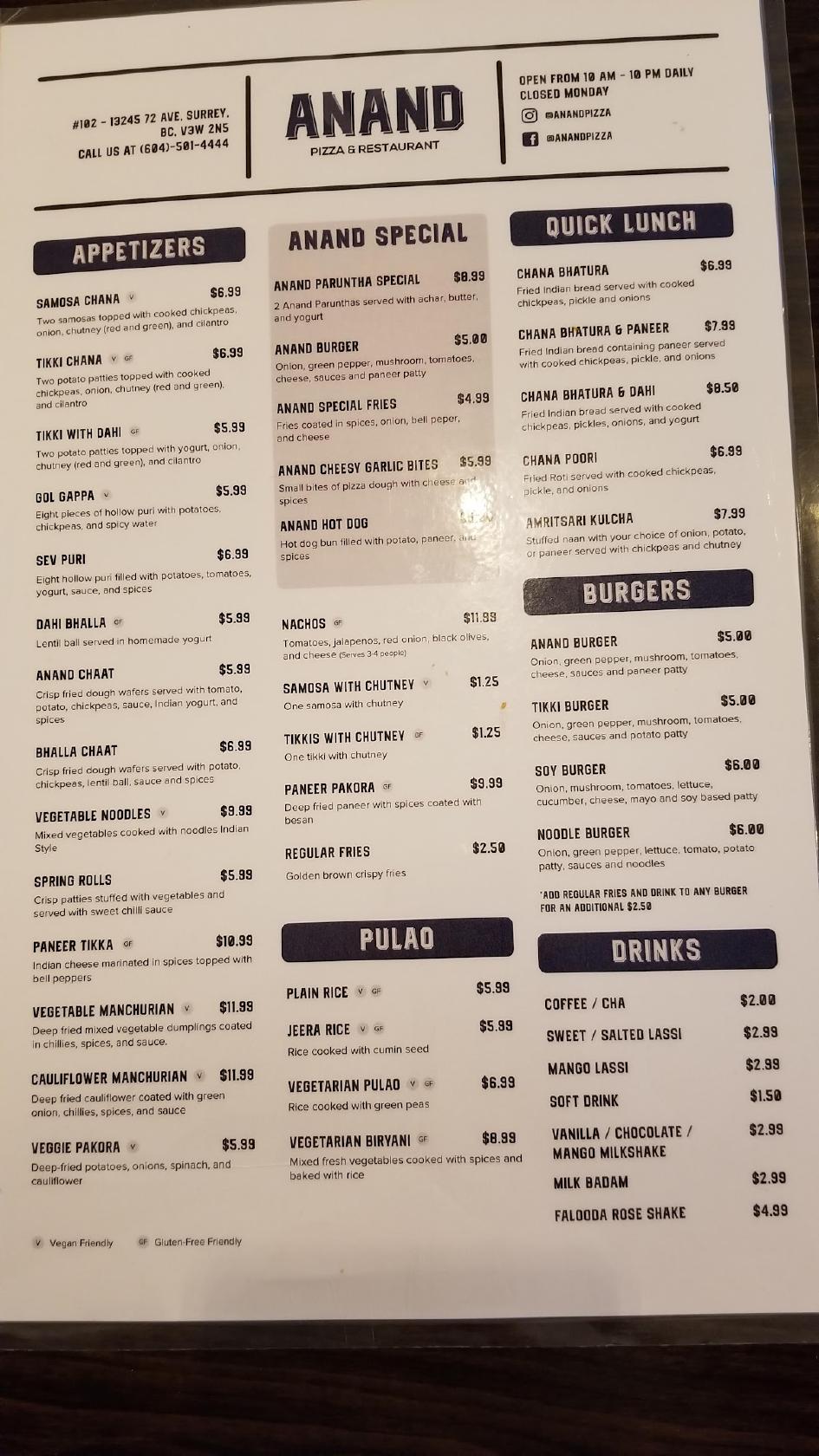 Menu at Anand Pizza & Sweet Shop Ltd pizzeria, Surrey, 72 Ave