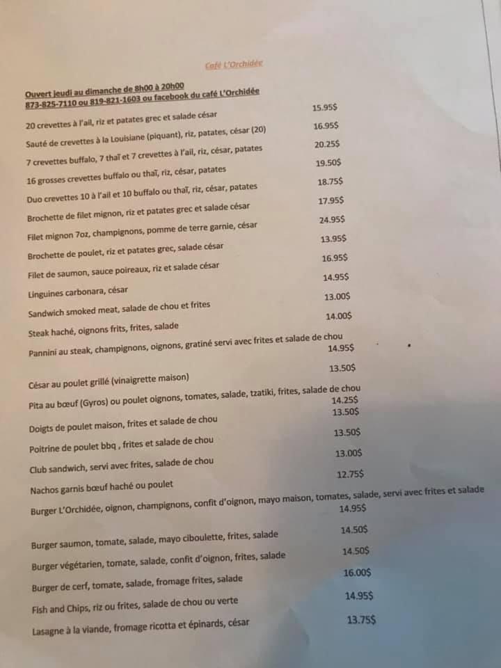 Menu au Café L'Orchidée, Cookshire-Eaton