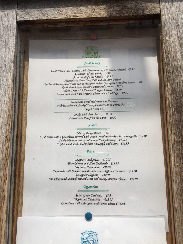 Menu at Cambrinus, Bruges, Philipstockstraat 19