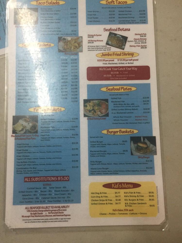 Menu at Dirty Al's restaurant, South Padre Island, State Park Rd 100