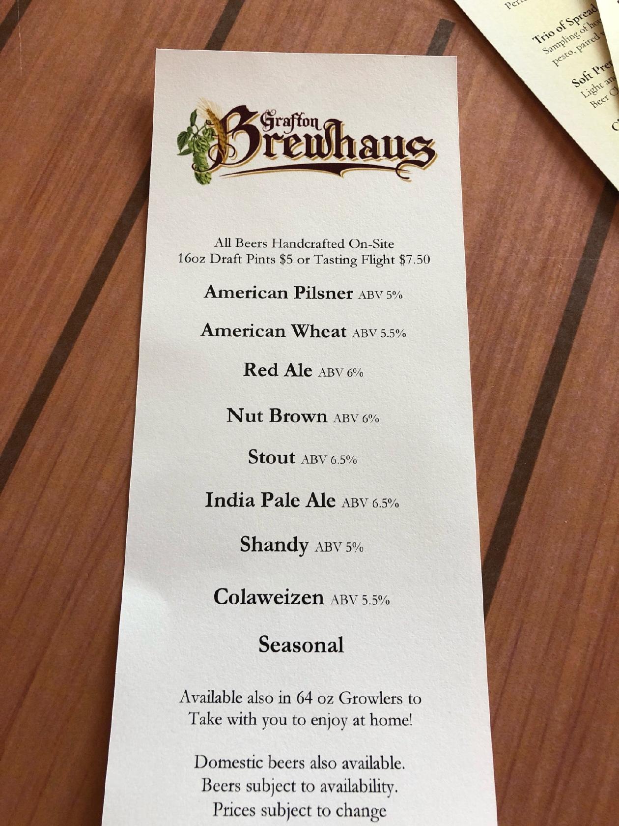 Menu at Grafton Winery & Brewhaus pub & bar, Grafton