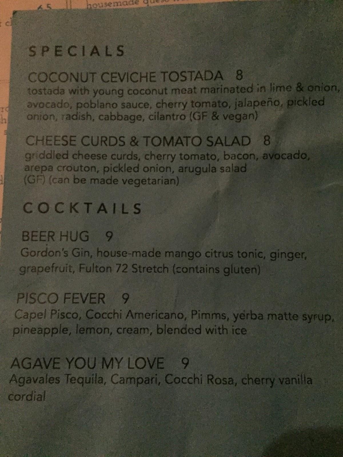 Menu at Hola Arepa restaurant, Minneapolis, Nicollet Ave